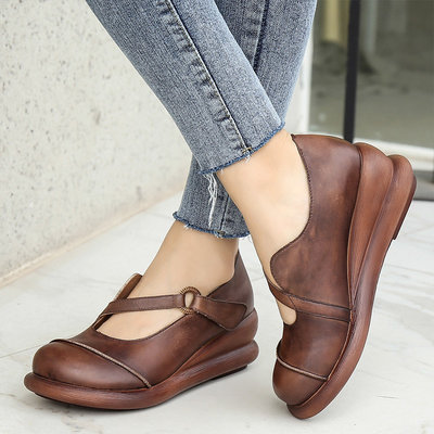 S361Spring New Thick-Soled Cowhide Round-Toe Women'S Shoes Ethnic Style Retro Platform Shoes Single Shoe Factory Wholesa