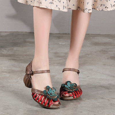 S363 Factory Retro Ethnic Handmade Flower Leather Sandals Increase Breathable Fish Mouth High Heel Women'S Shoes Process