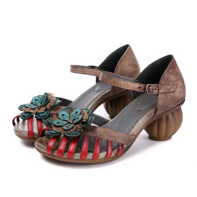 S363 Factory Retro Ethnic Handmade Flower Leather Sandals Increase Breathable Fish Mouth High Heel Women'S Shoes Process