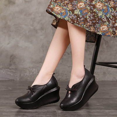 S364 Wedge Heel Round Head New Women'S Shoes Set Foot Leather Single Shoes Flat Comfortable Casual Retro Ladies Shoes Or