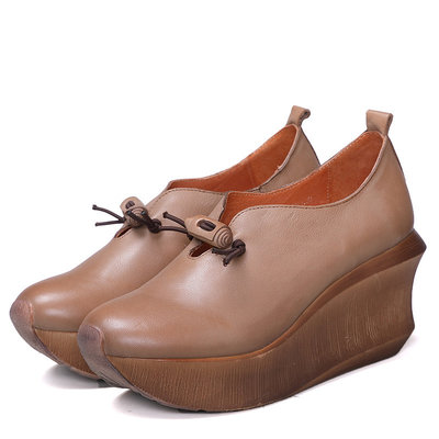 S364 Wedge Heel Round Head New Women'S Shoes Set Foot Leather Single Shoes Flat Comfortable Casual Retro Ladies Shoes Or