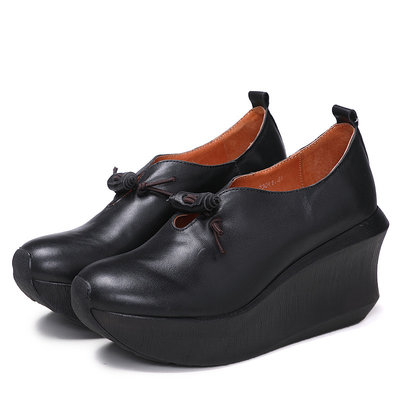 S364 Wedge Heel Round Head New Women'S Shoes Set Foot Leather Single Shoes Flat Comfortable Casual Retro Ladies Shoes Or