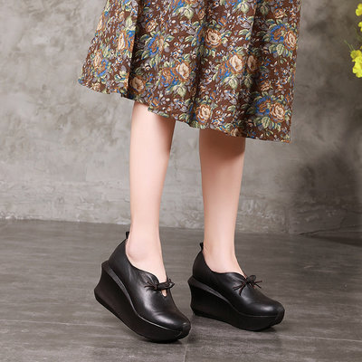 S364 Wedge Heel Round Head New Women'S Shoes Set Foot Leather Single Shoes Flat Comfortable Casual Retro Ladies Shoes Or