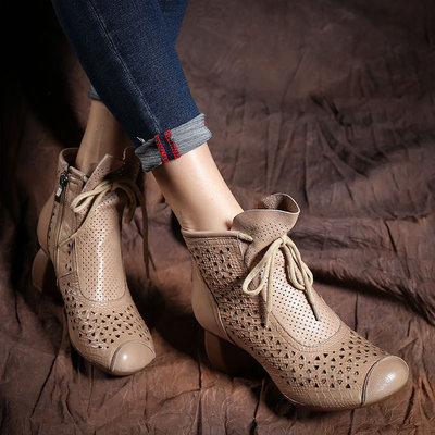 S369 New Leather Retro Mid-Heel Women'S Shoes, Hollow, Cool And Breathable Laces