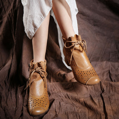 S369 New Leather Retro Mid-Heel Women'S Shoes, Hollow, Cool And Breathable Laces