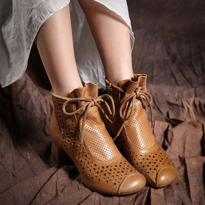 S369 New Leather Retro Mid-Heel Women'S Shoes, Hollow, Cool And Breathable Laces