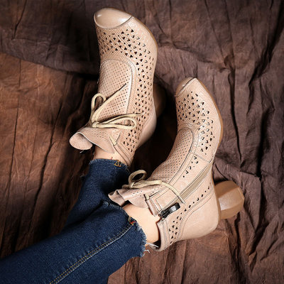 S369 New Leather Retro Mid-Heel Women'S Shoes, Hollow, Cool And Breathable Laces