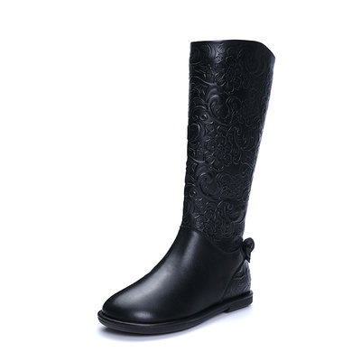 S374 Autumn And Winter Velvet Warm Round Toe Ethnic Retro Boots, Handmade Soft Sole Leather Flat Heel Women'S Shoes Manu