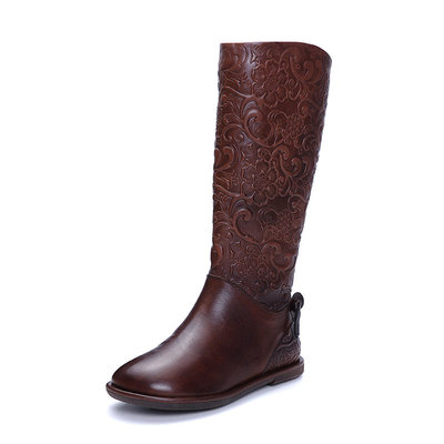 S374 Autumn And Winter Velvet Warm Round Toe Ethnic Retro Boots, Handmade Soft Sole Leather Flat Heel Women'S Shoes Manu