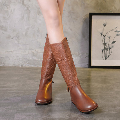 S374 Autumn And Winter Velvet Warm Round Toe Ethnic Retro Boots, Handmade Soft Sole Leather Flat Heel Women'S Shoes Manu