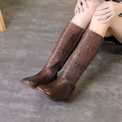 S374 Autumn And Winter Velvet Warm Round Toe Ethnic Retro Boots, Handmade Soft Sole Leather Flat Heel Women'S Shoes Manu