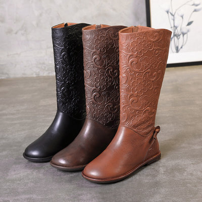 S374 Autumn And Winter Velvet Warm Round Toe Ethnic Retro Boots, Handmade Soft Sole Leather Flat Heel Women'S Shoes Manu