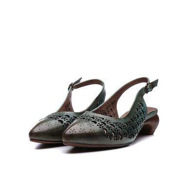 S375 New Retro Hollow Breathable Sandals Pointed Toe Fashion Buckle Mid-Heel Women'S Shoes Wholesale Processing