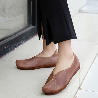 S377 Retro Ethnic Style Cowhide Flat Shoes Handmade Original Leather Spring And Summer New Women'S Shoes Manufacturers