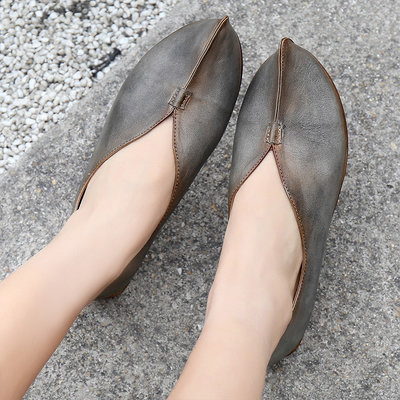 S377 Retro Ethnic Style Cowhide Flat Shoes Handmade Original Leather Spring And Summer New Women'S Shoes Manufacturers
