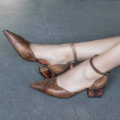 S383 Spring Hand-Woven High Heels Retro Pointed Toe Fashion All-Match Thick-Heeled Women'S Shoes