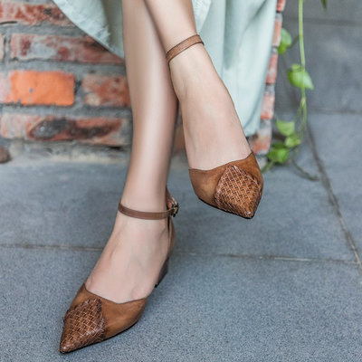 S383 Spring Hand-Woven High Heels Retro Pointed Toe Fashion All-Match Thick-Heeled Women'S Shoes
