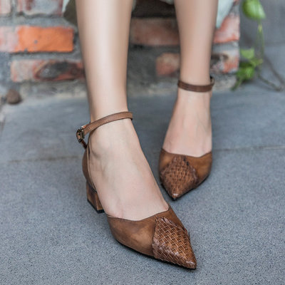 S383 Spring Hand-Woven High Heels Retro Pointed Toe Fashion All-Match Thick-Heeled Women'S Shoes