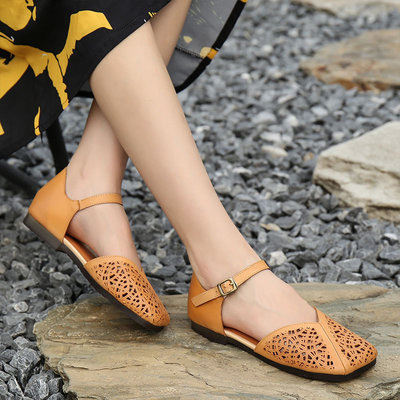 S385 New Retro Literary All-Match Sandals Hollow Cool Breathable Buckle Flat Bottom Women'S Shoes Wholesale