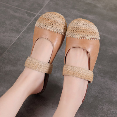 S407 New Retro Hand-Carved Hollow Women'S Shoes Leather Feet Velcro Flat Sandals