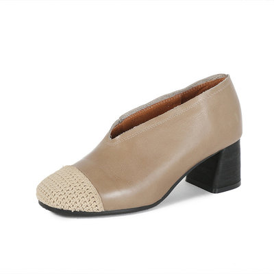 S408 New retro stitching woven thick high-heeled leather women's shoes, simple and elegant style shoes