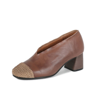 S408 New retro stitching woven thick high-heeled leather women's shoes, simple and elegant style shoes