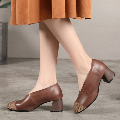 S408 New retro stitching woven thick high-heeled leather women's shoes, simple and elegant style shoes