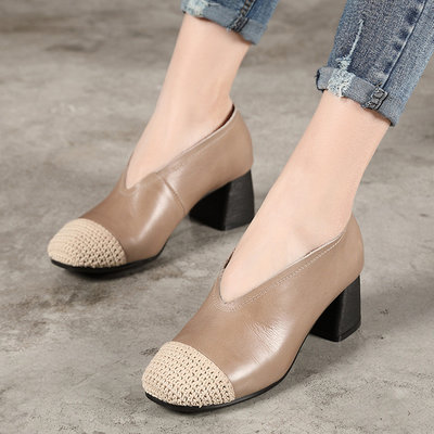 S408 New retro stitching woven thick high-heeled leather women's shoes, simple and elegant style shoes