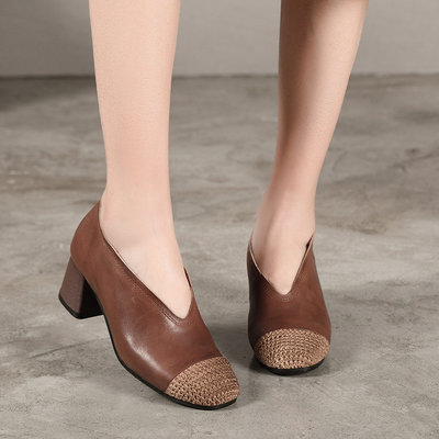 S408 New retro stitching woven thick high-heeled leather women's shoes, simple and elegant style shoes