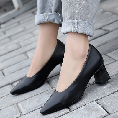 S410 New Pointed Leather Single Shoes Temperament Wild OL Professional Shoes Comfortable Thick High Heel Spring And Summ