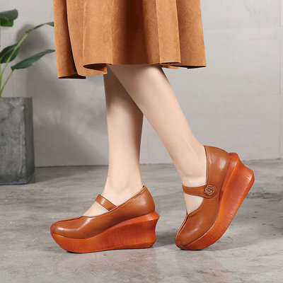 S413 New Style Genuine Leather Platform Wedge Shoes, Retro Increased Platform Shoes, Women'S Shoes Wholesale