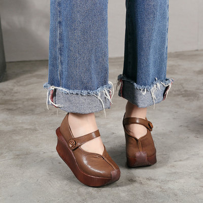 S413 New Style Genuine Leather Platform Wedge Shoes, Retro Increased Platform Shoes, Women'S Shoes Wholesale