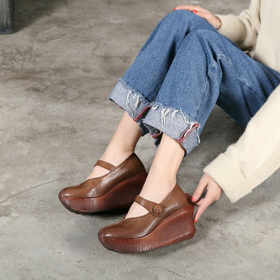 S413 New Style Genuine Leather Platform Wedge Shoes, Retro Increased Platform Shoes, Women'S Shoes Wholesale