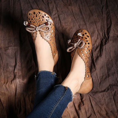 S414 New Style Women'S Shoes Hollow Retro Sweet Flat Bottom Women'S Shoes Bowknot Soft Sole Shoes Manufacturers