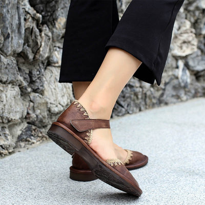 S416 Sandals Women'S Ethnic Style Top Layer Cowhide Women'S Sandals Convenient Velcro Shallow Mouth Leather Women'S Shoe