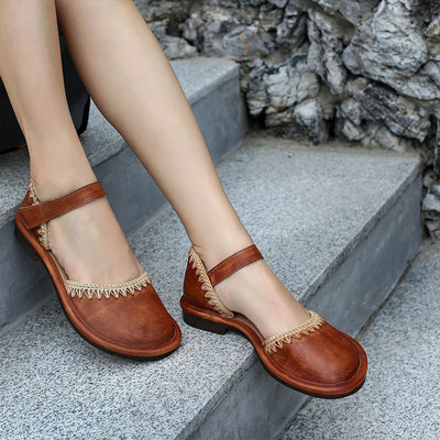 S416 Sandals Women'S Ethnic Style Top Layer Cowhide Women'S Sandals Convenient Velcro Shallow Mouth Leather Women'S Shoe