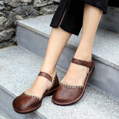 S416 Sandals Women'S Ethnic Style Top Layer Cowhide Women'S Sandals Convenient Velcro Shallow Mouth Leather Women'S Shoe