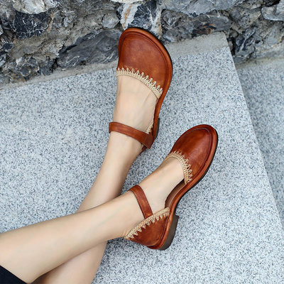 S416 Sandals Women'S Ethnic Style Top Layer Cowhide Women'S Sandals Convenient Velcro Shallow Mouth Leather Women'S Shoe