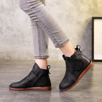 S417 2020 Autumn And Winter New Women'S Shoes Retro Handmade Leather Fashion Velcro Flat Ankle Boots Women