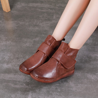 S417 2020 Autumn And Winter New Women'S Shoes Retro Handmade Leather Fashion Velcro Flat Ankle Boots Women