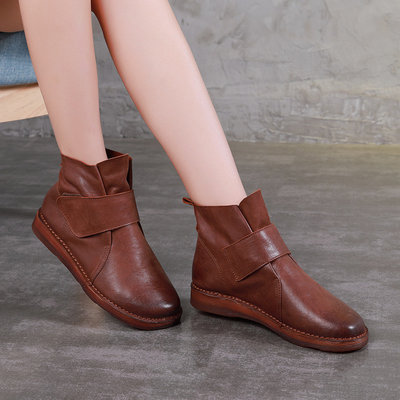 S417 2020 Autumn And Winter New Women'S Shoes Retro Handmade Leather Fashion Velcro Flat Ankle Boots Women