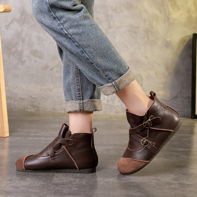 S418 2020 Autumn And Winter New Martin Boots Retro Original Handmade Leather Stitching Fleece Flat Women'S Short Boots