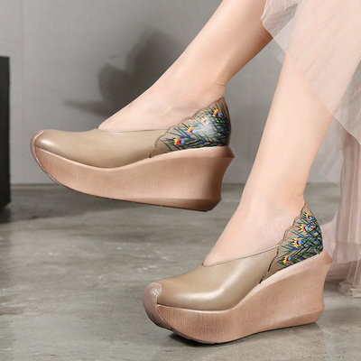 S421 Original Hand-Painted Peacock Ling Ethnic Style Single Shoes Retro Slope Heel Thick Bottom Increased Leather