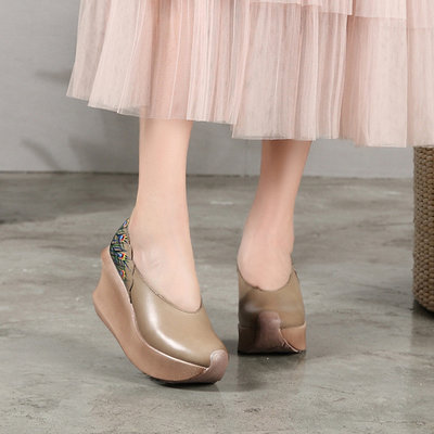 S421 Original Hand-Painted Peacock Ling Ethnic Style Single Shoes Retro Slope Heel Thick Bottom Increased Leather