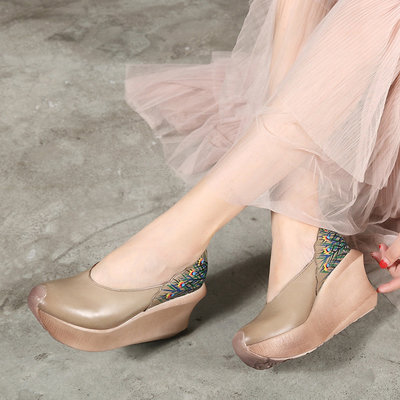 S421 Original Hand-Painted Peacock Ling Ethnic Style Single Shoes Retro Slope Heel Thick Bottom Increased Leather