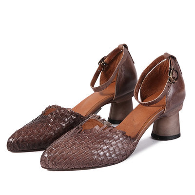 S425 Factory Woven Leather Pointed Toe Fashion High Heels, Increase Fairy Fresh Style Thick Heel Single Shoes, Literary