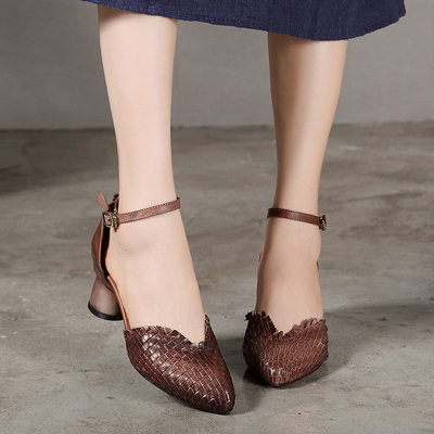 S425 Factory Woven Leather Pointed Toe Fashion High Heels, Increase Fairy Fresh Style Thick Heel Single Shoes, Literary