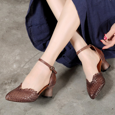 S425 Factory Woven Leather Pointed Toe Fashion High Heels, Increase Fairy Fresh Style Thick Heel Single Shoes, Literary
