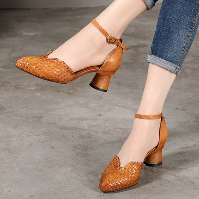 S425 Factory Woven Leather Pointed Toe Fashion High Heels, Increase Fairy Fresh Style Thick Heel Single Shoes, Literary