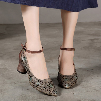 S426 Manufacturer'S New Ethnic Style Leather Hollow High Heels Literary Pointed Toe Square Heel Forest Fresh Fairy Shoes